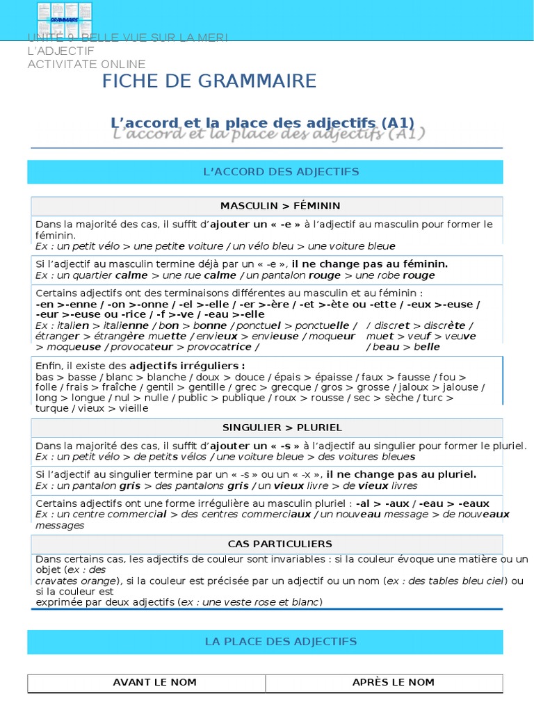 Accord et place des adjectifs en français | PDF | Genre grammatical ...