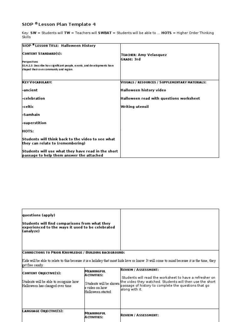 Siop Lesson Plan Template 4 | Download Free PDF | Semiotics | Cognition