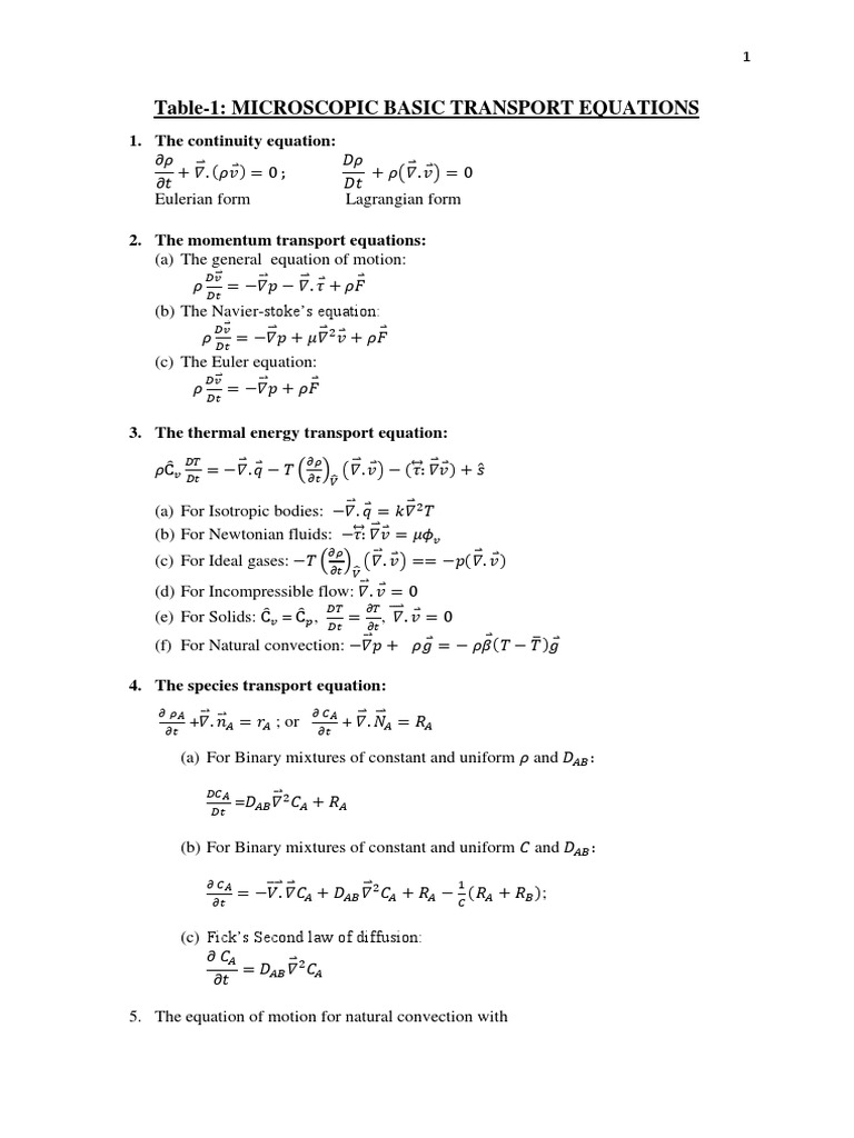 Table-1: Microscopic Basic Transport Equations: 1. The Continuity ...