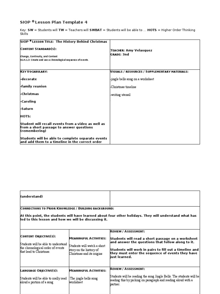 Siop Lesson Plan Template 4 | PDF | Lesson Plan | Teaching