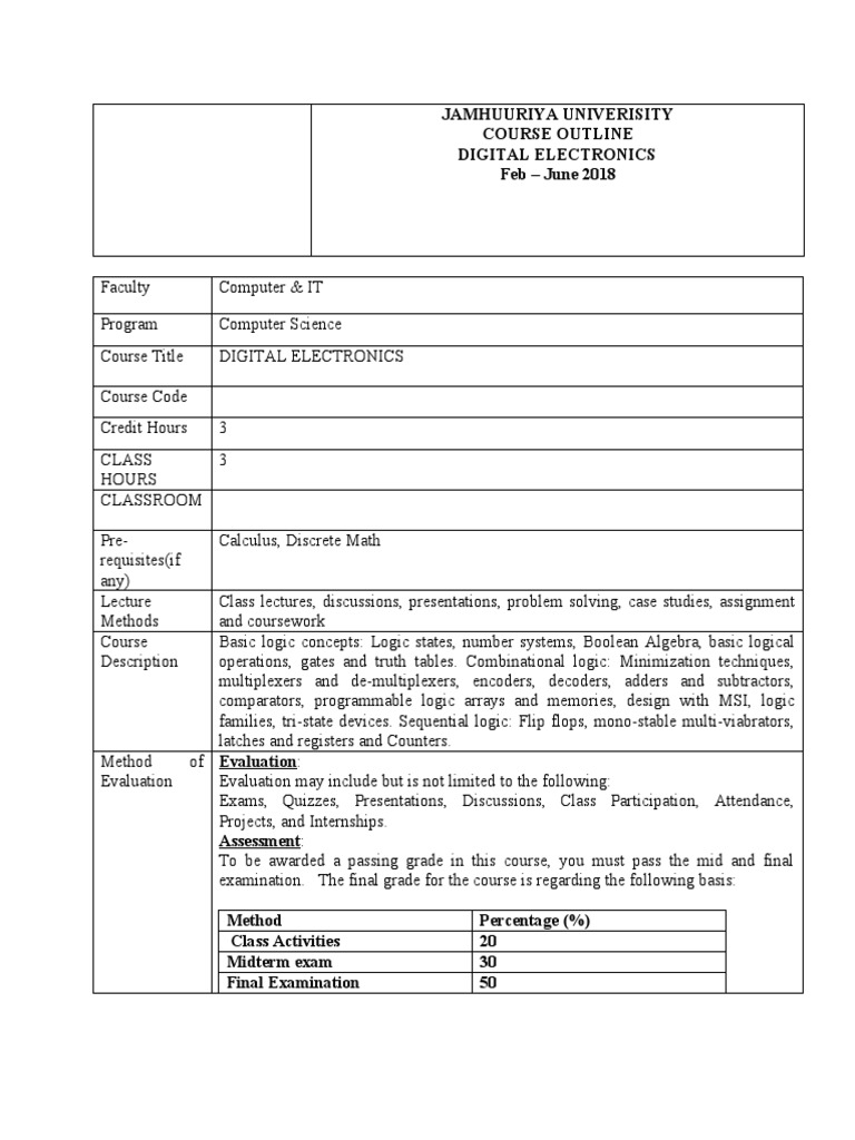 Digital Electronics Course Outline | PDF | Logic Gate | Boolean Algebra