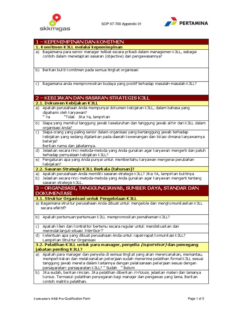 SOP 07-700 Appendix 01 - Contractor's HSE Pre-Qualification Form (BIL) N.. | PDF