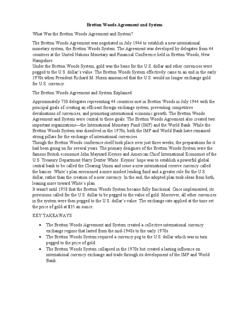Bretton Woods Agreement and System | PDF | Bretton Woods System ...