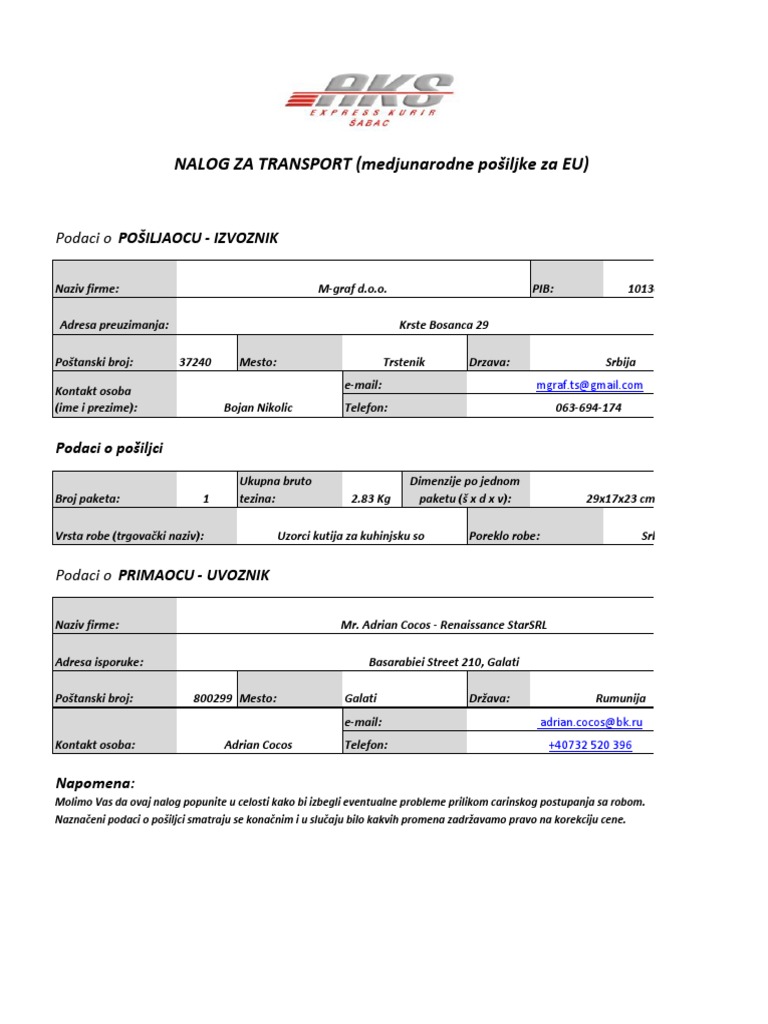 NALOG ZA TRANSPORT IZVOZ EU - Aks Kuris | PDF