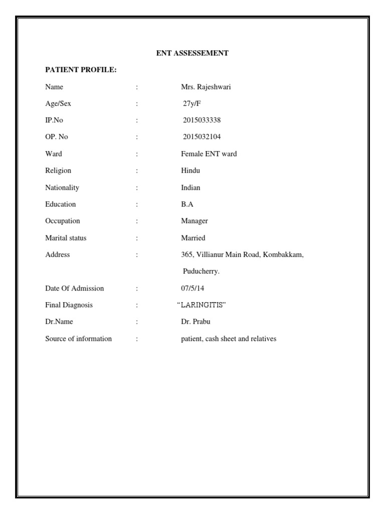 Ent Assessment PDF | PDF | Neck | Mucus