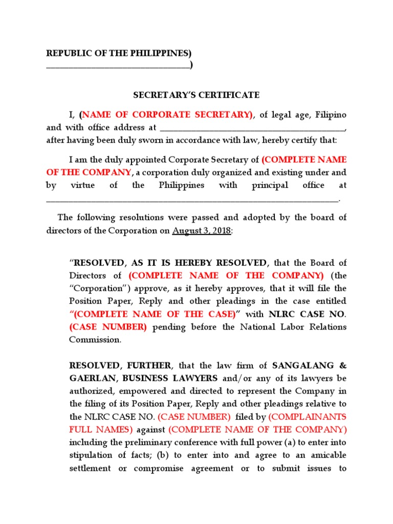Corporate Secretary Certificate Template