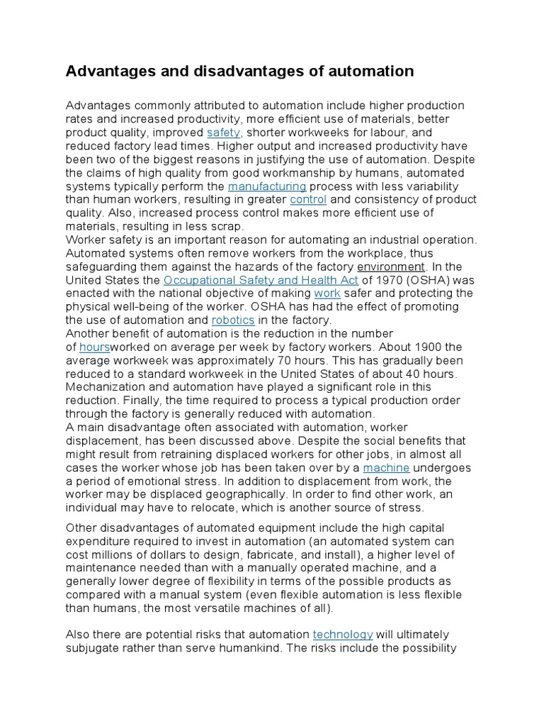 Disadvantages of Automation Explained | PDF | Automation | Occupational ...