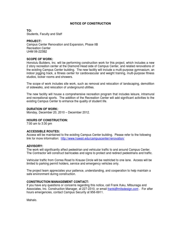 Notice of Construction Campus CTR PH IIB-1 | PDF