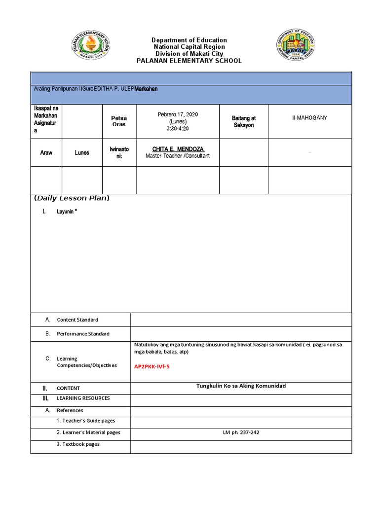 Classroom Observation DLP - AP - TUNGKULIN SA KOMUNIDAD | PDF