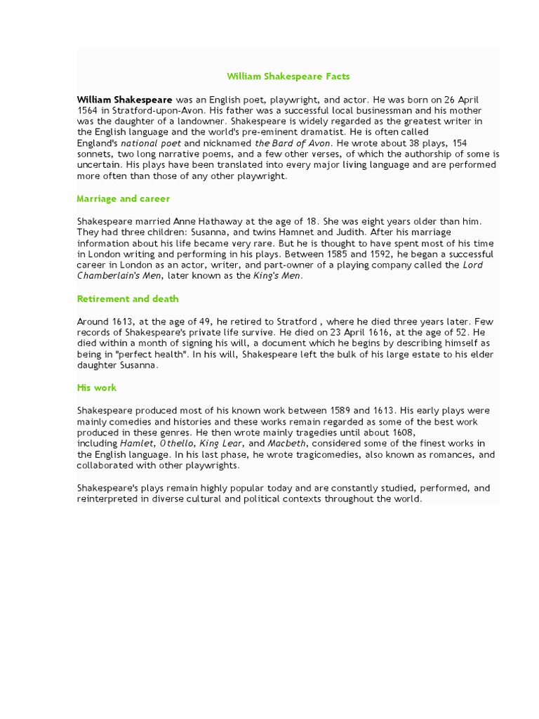 Key Facts About William Shakespeare | PDF