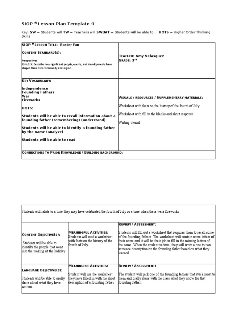 Siop Lesson Plan Template 4 | PDF | Lesson Plan | Applied Psychology