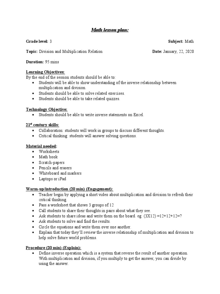 Math Lesson Plan | PDF | Lesson Plan | Multiplication