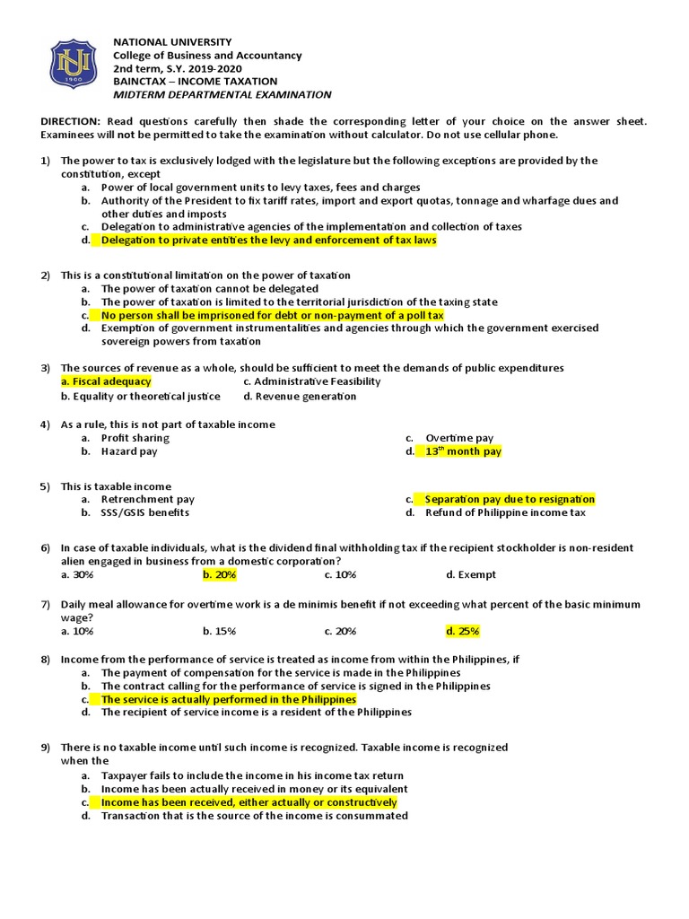 Income Taxation Midterm Exam 2019-2020 | PDF | Capital Gains Tax ...