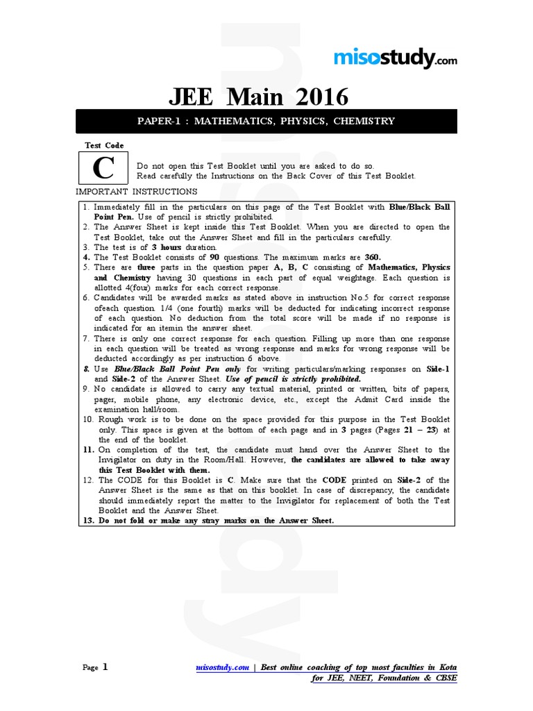JEE Main 2012 Question Paper Code C PDF | PDF | Inductor ...