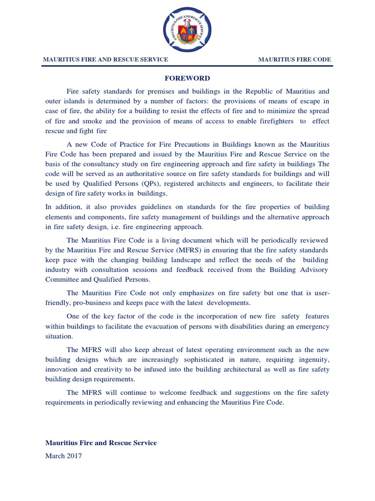 Foreword: Mauritius Fire and Rescue Service Mauritius Fire Code | PDF ...