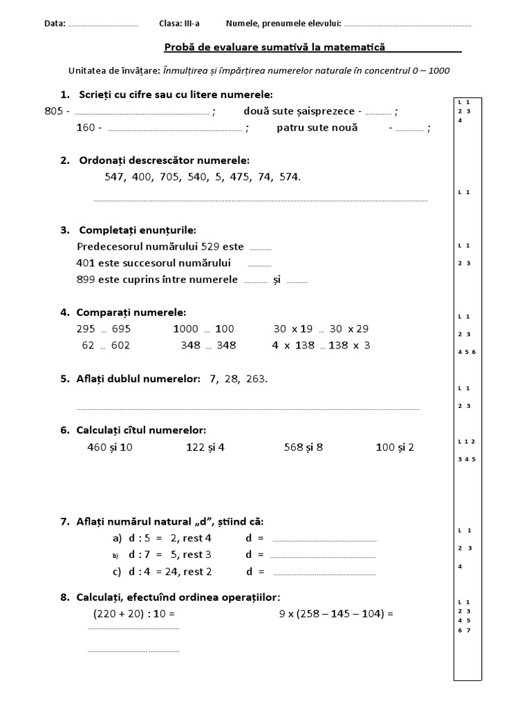Evaluare Sumativa Matematica CL - III Docx | PDF