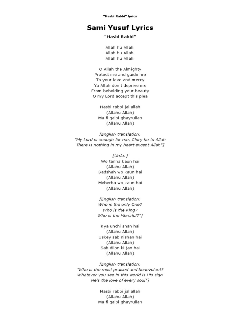 Sami Yusuf - Hasbi Rabbi Lyrics | PDF | Religious Behaviour And ...