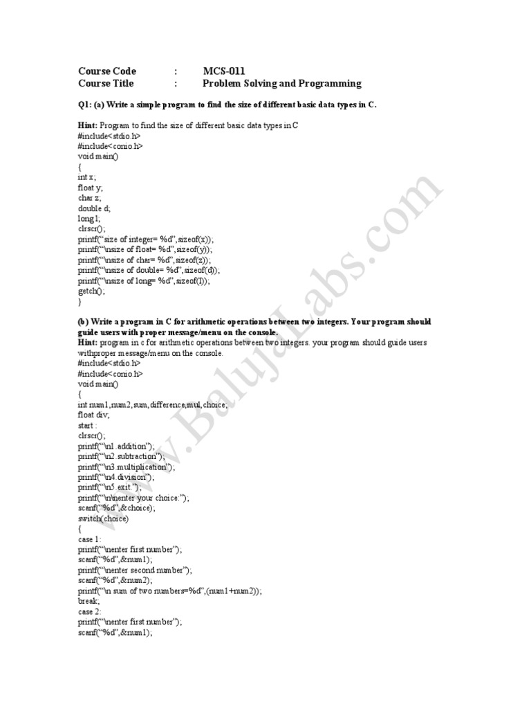 Course Code: MCS-011 Course Title: Problem Solving and Programming | PDF | Pointer (Computer ...