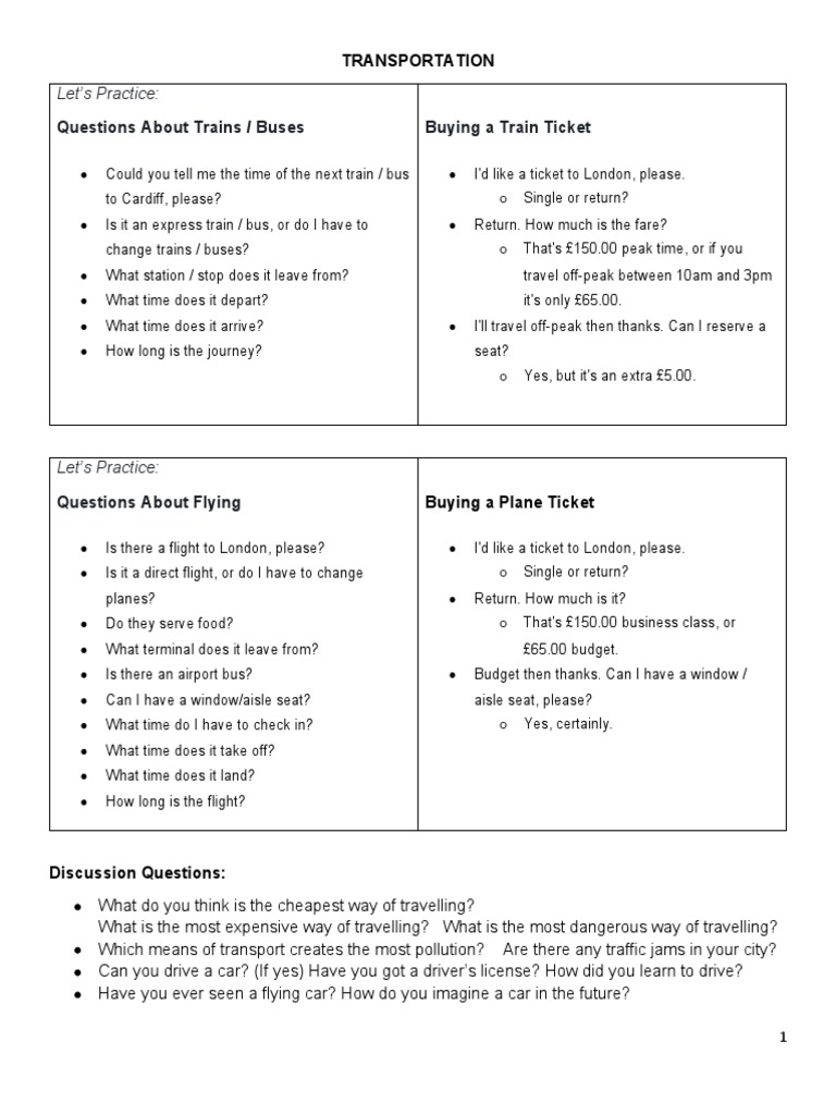 Questions About Trains / Buses Buying A Train Ticket: Let's Practice ...