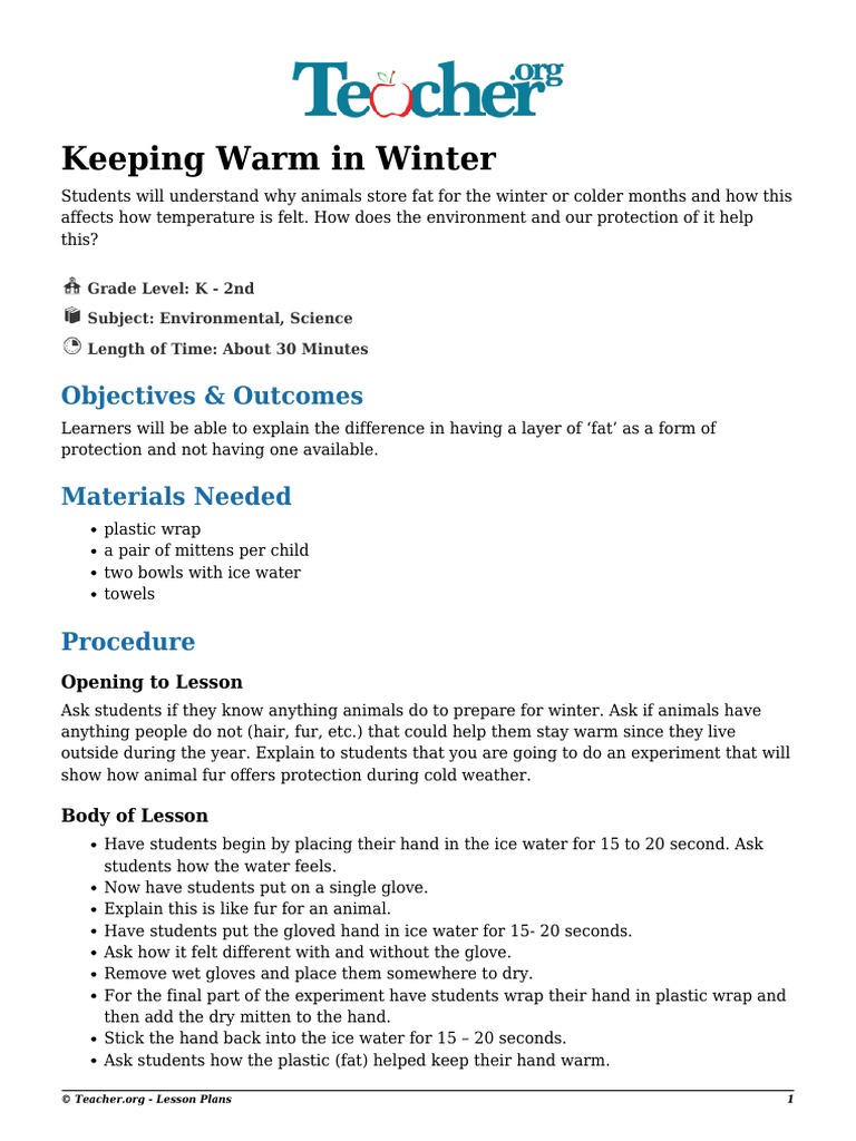 Keeping Warm in Winter | PDF | Fur | Lesson Plan