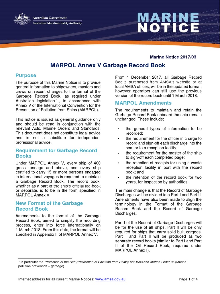 MARPOL Annex V Garbage Record Book: Purpose | PDF | Ships | Nature