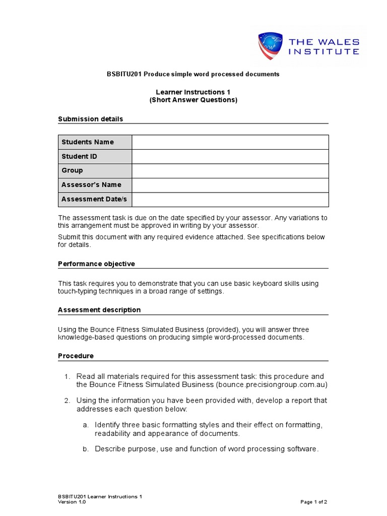 Learner Instructions 1 (Short Answer Questions) Submission Details | PDF