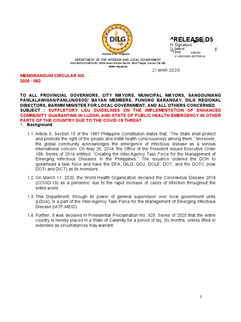 Release D5: Memorandum Circular No. 2020 - 062 | PDF | Public Sphere | Government
