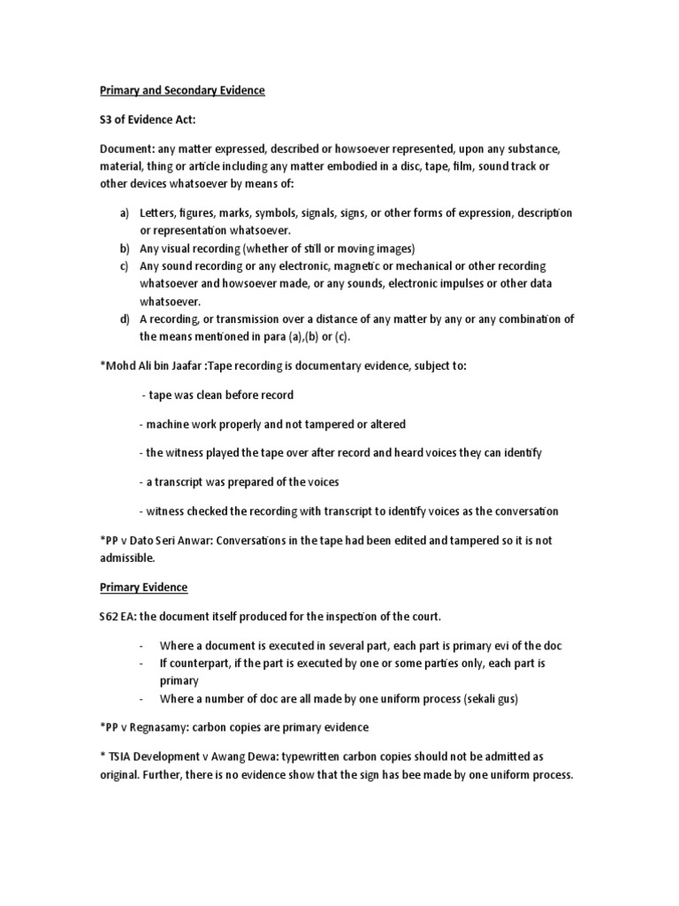 Primary and Secondary Evidence S3 of Evidence Act | Download Free PDF ...