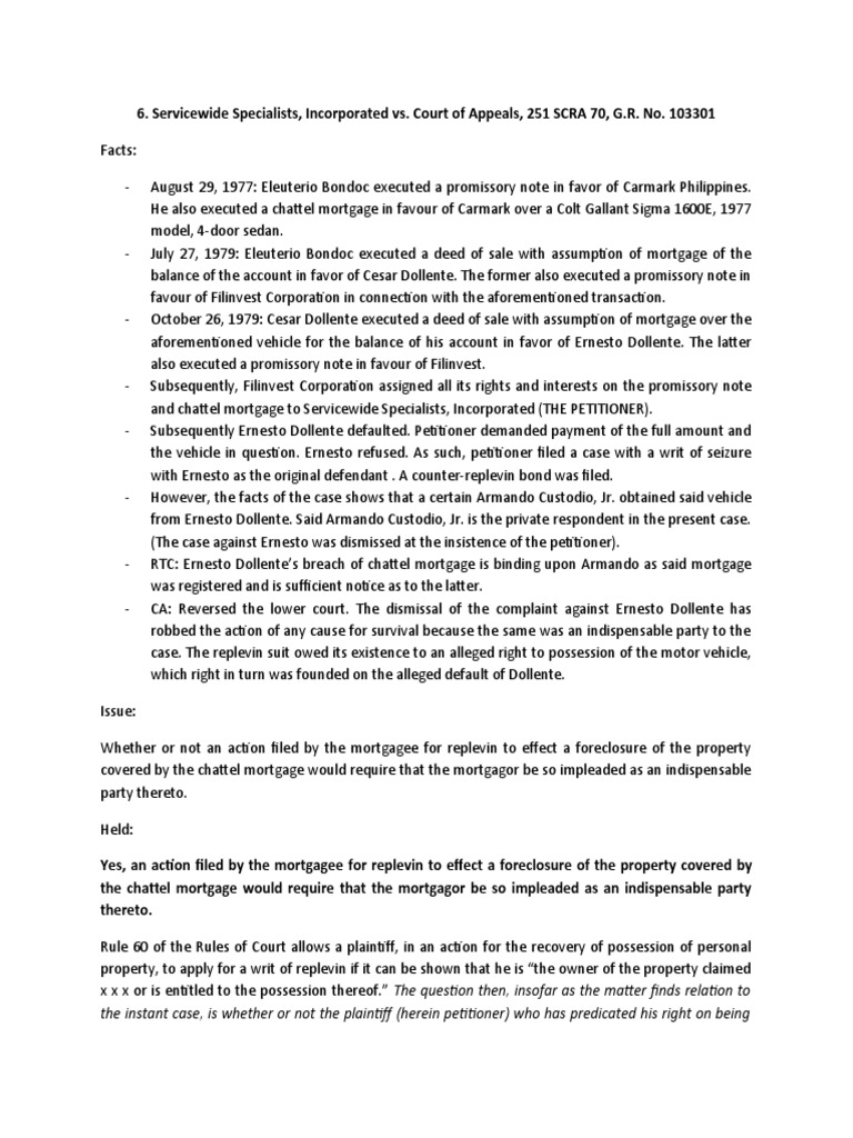 Replevin Case Analysis: Bondoc vs. CA | PDF | Mortgage Law | Lawsuit