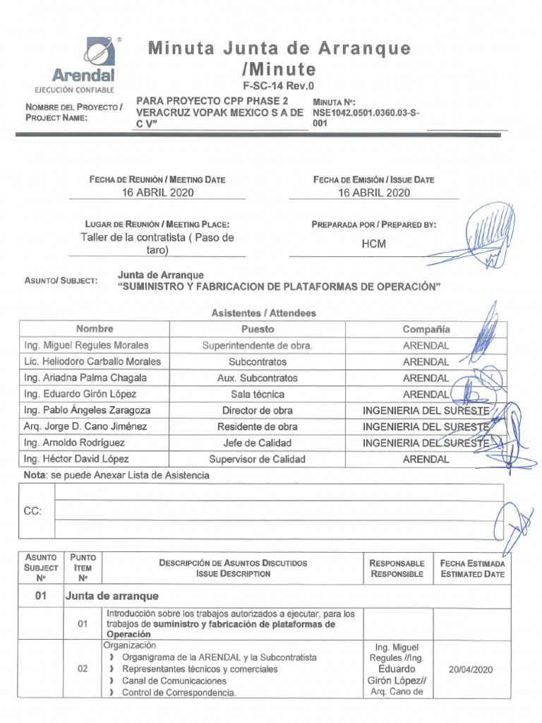 Minuta Junta de Arranque Suministro y Faricacion de Plataformas de Operacion | PDF