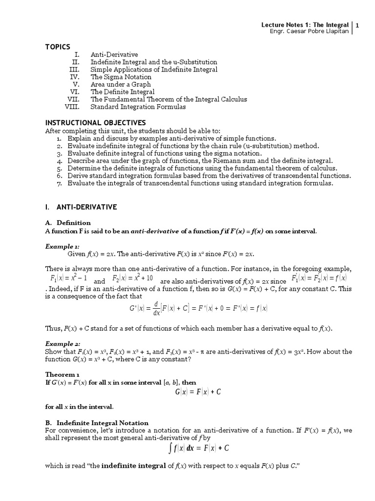Lecture Notes 1 The Integral Calculus 2019 | PDF | Summation | Integral
