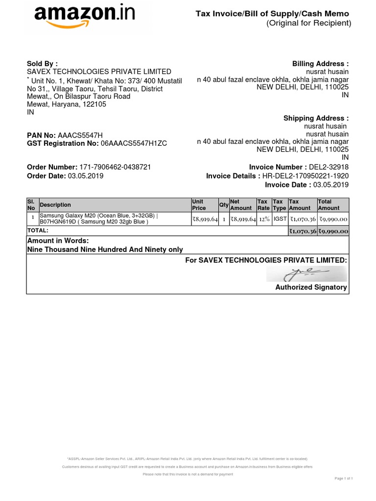 Purchase of a Samsung Galaxy M20 Smartphone: Tax Invoice for Nusrat ...