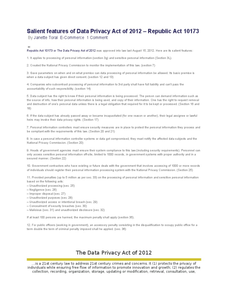 Salient Features of Data Privacy Act of 2012 | PDF | Information ...