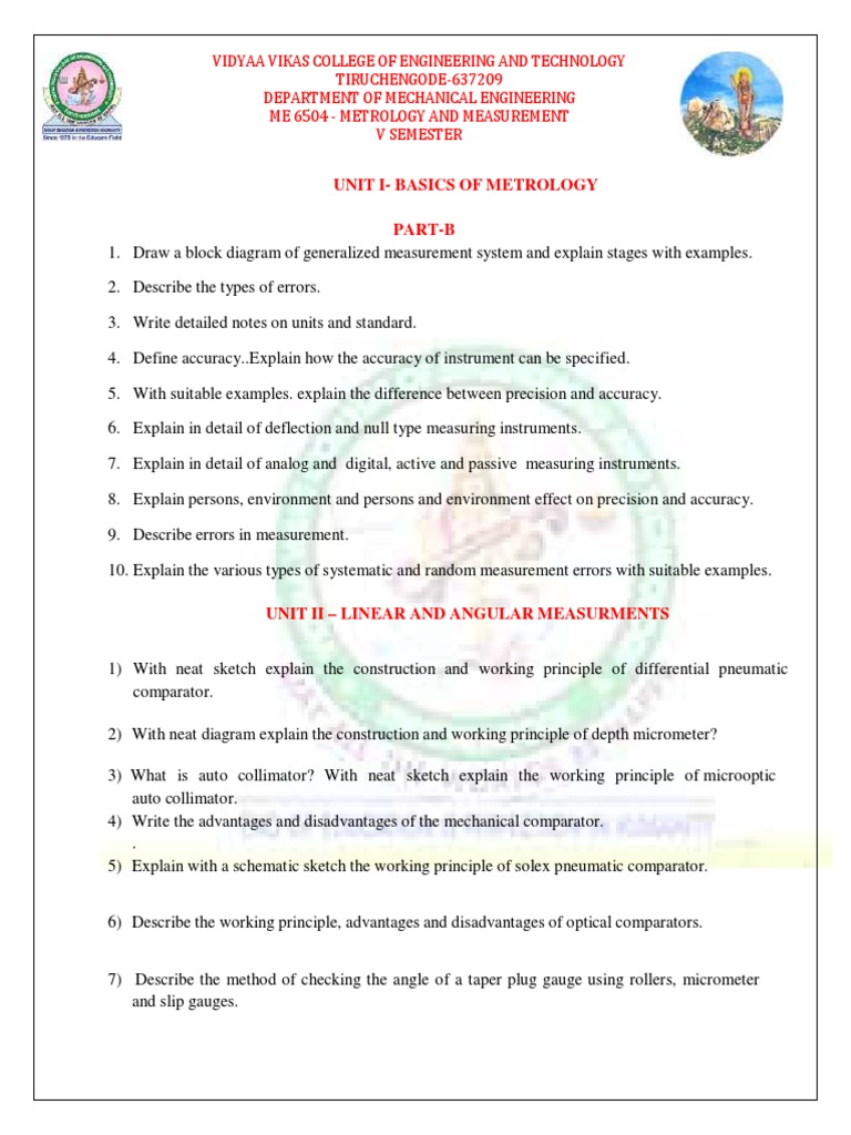 Unit I-Basics of Metrology Part-B | PDF | Gear | Tools