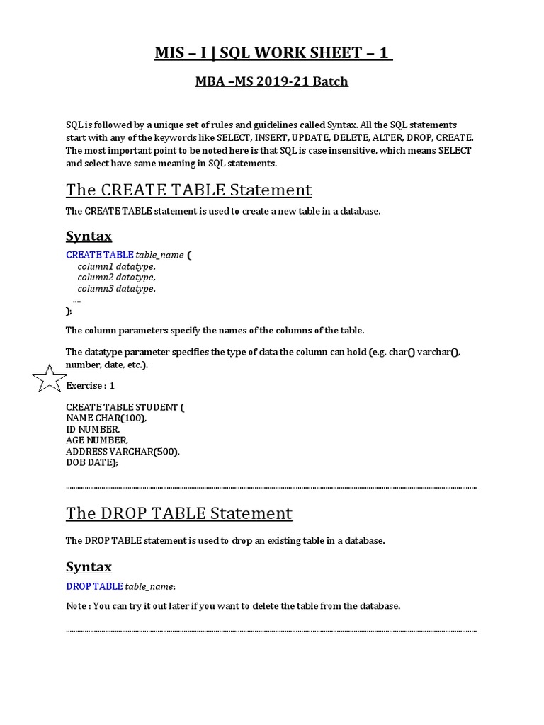 The CREATE TABLE Statement: Mis - I - SQL Work Sheet - 1 | PDF | Table (Database) | Data Management