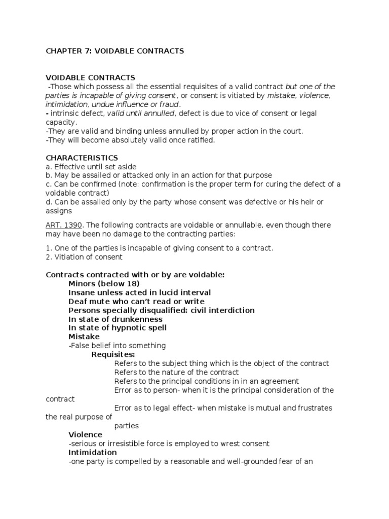 Summary of Chapter 7 - Voidable Contracts | PDF | Annulment | Ratification