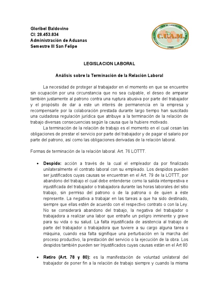 Terminacion de La Relacion Laboral | PDF | Derecho laboral | Justicia