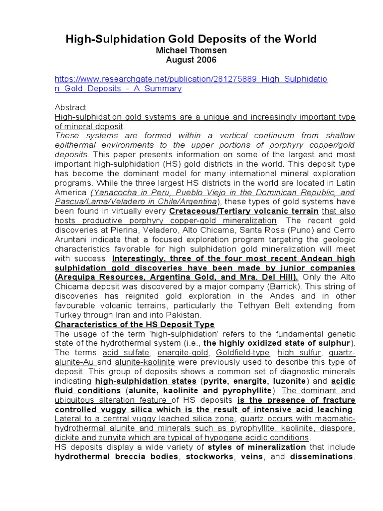 High-Sulphidation Gold Deposits of The World | PDF | Gold | Rock (Geology)