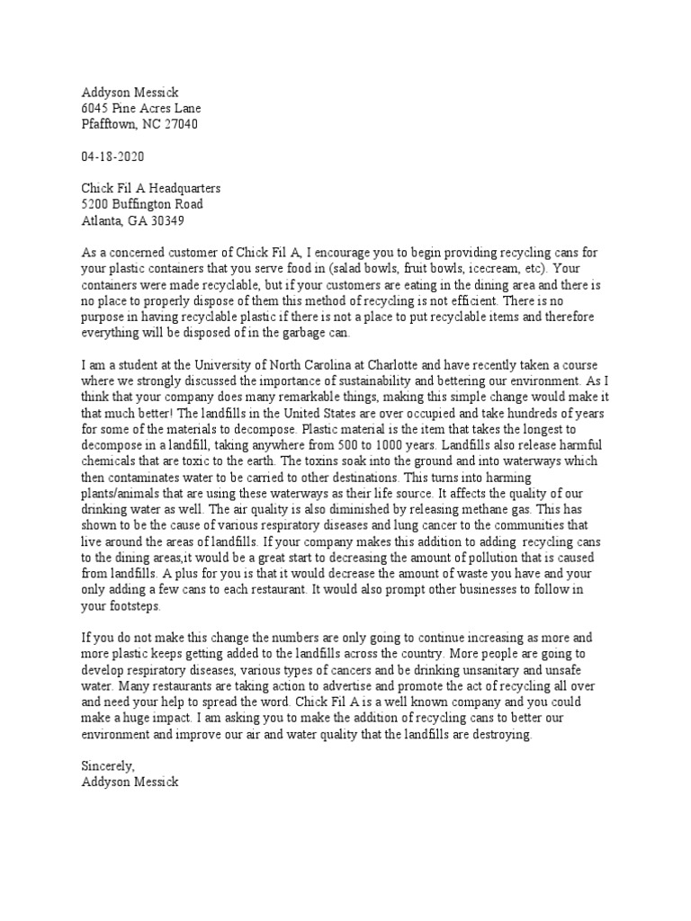 Sustainability Letter | PDF | Recycling | Landfill