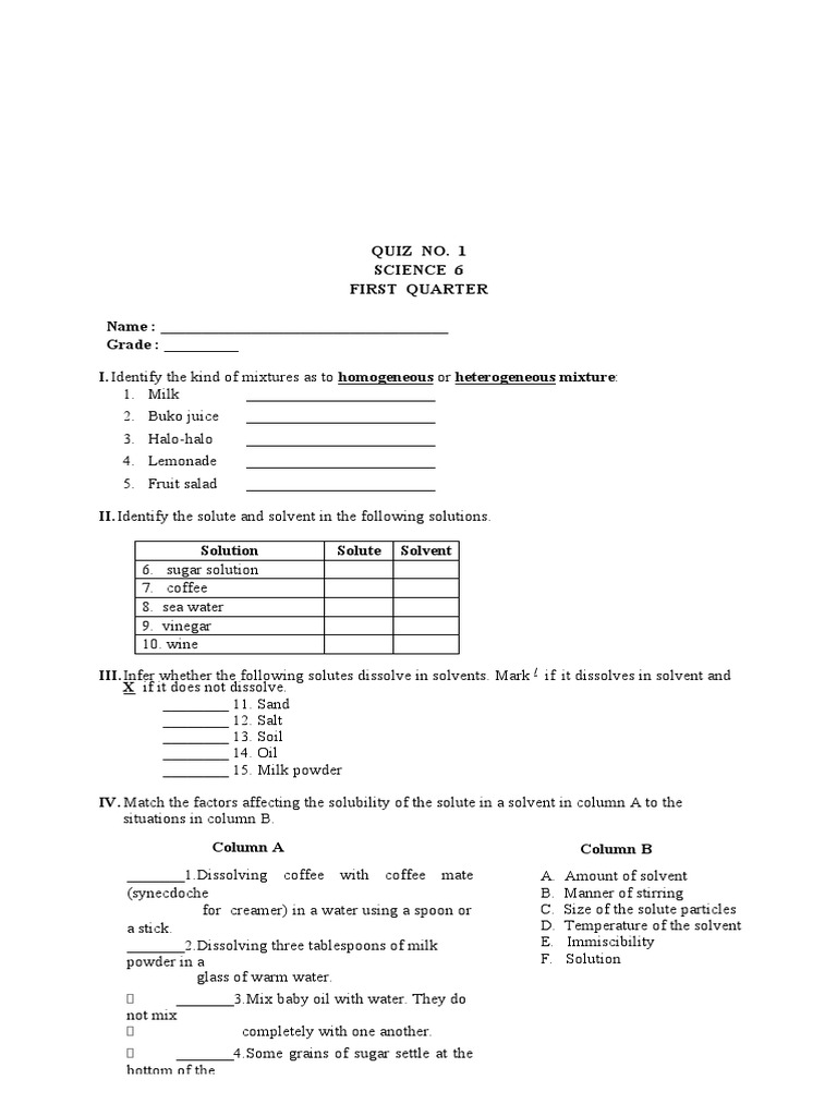 Quiz Science 6 1st | Download Free PDF | Solution | Colloid