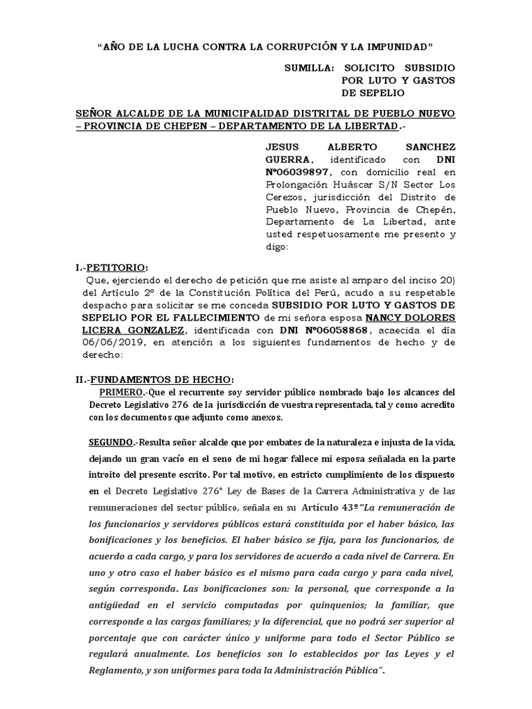 Solicito Subsidio Por Luto y Gastos de Sepelio - Jesus Sanchez | PDF ...