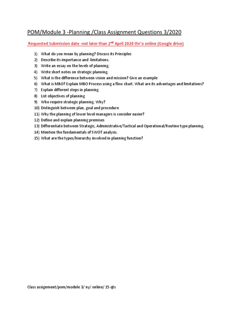 POM/Module 3 - Planning /class Assignment Questions 3/2020 | PDF