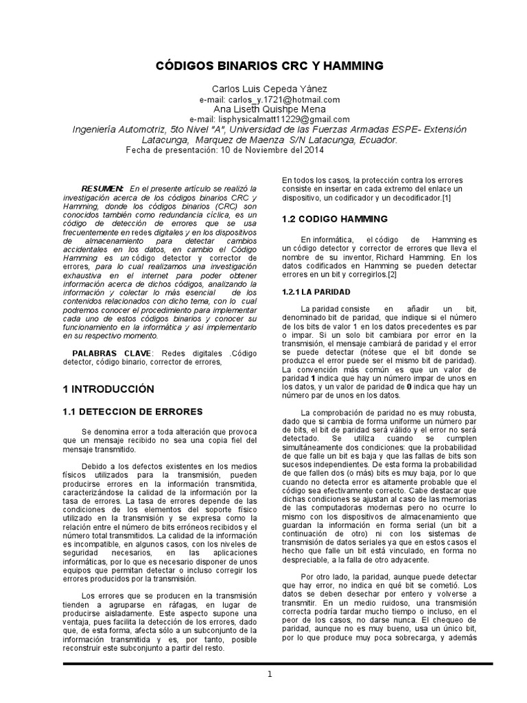 Codigos Binarios CRC y Hamming | PDF | Detección y corrección de ...