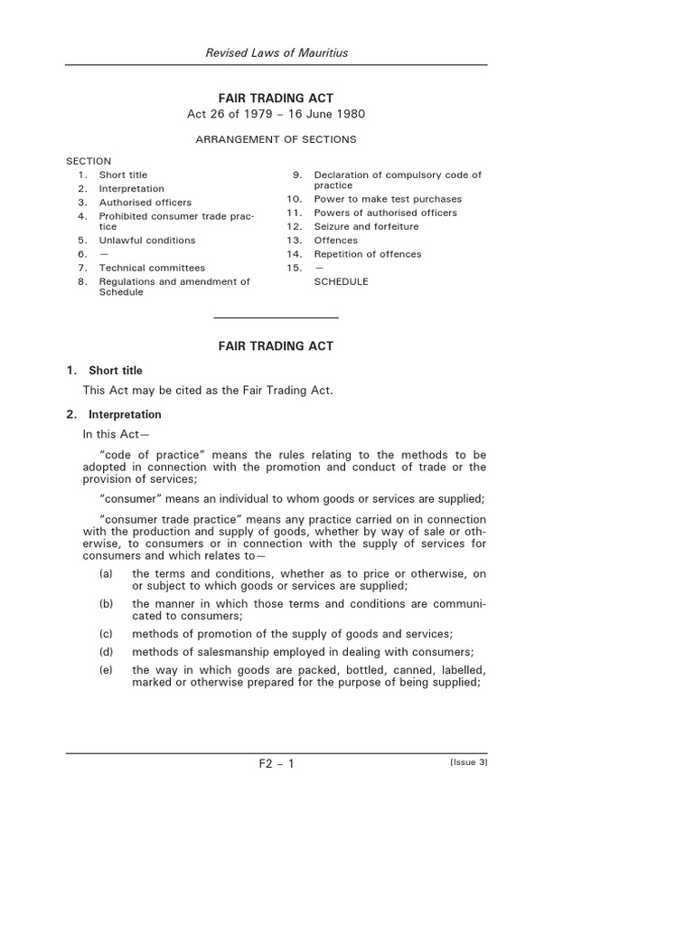 FAIR TRADING ACT, No 26 of 1979 | PDF | Contractual Term | Consumer ...