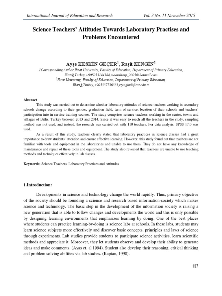 Science Teachers' Attitudes Towards Laboratory Practises and Problems ...