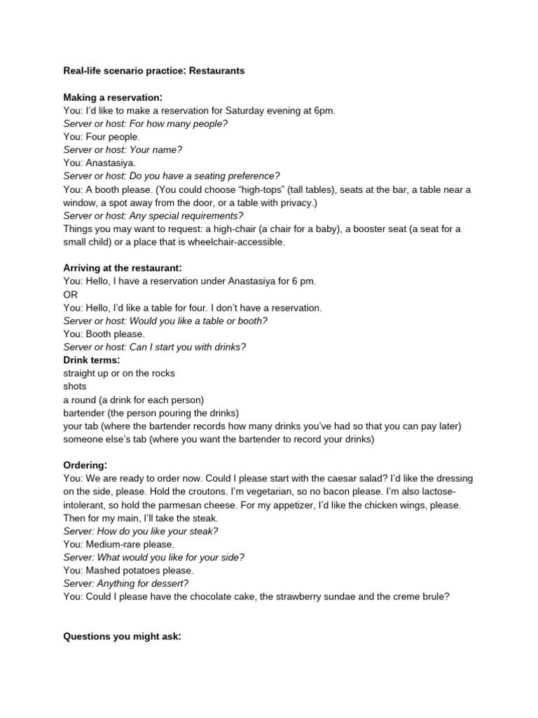Real-Life Scenario Practice - Restaurants | PDF | Cooking | Eating ...