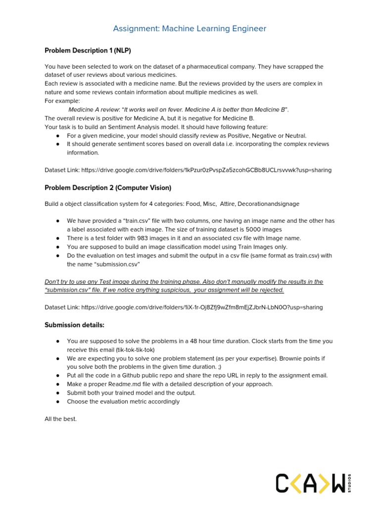 Assignment: Machine Learning Engineer: Problem Description 1 (NLP) | PDF | Statistical ...