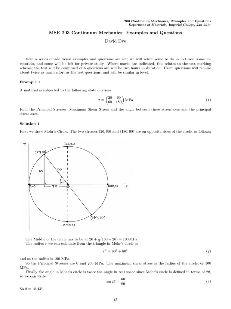 MSE 203 Continuum Mechanics: Examples and Questions David Dye | PDF ...