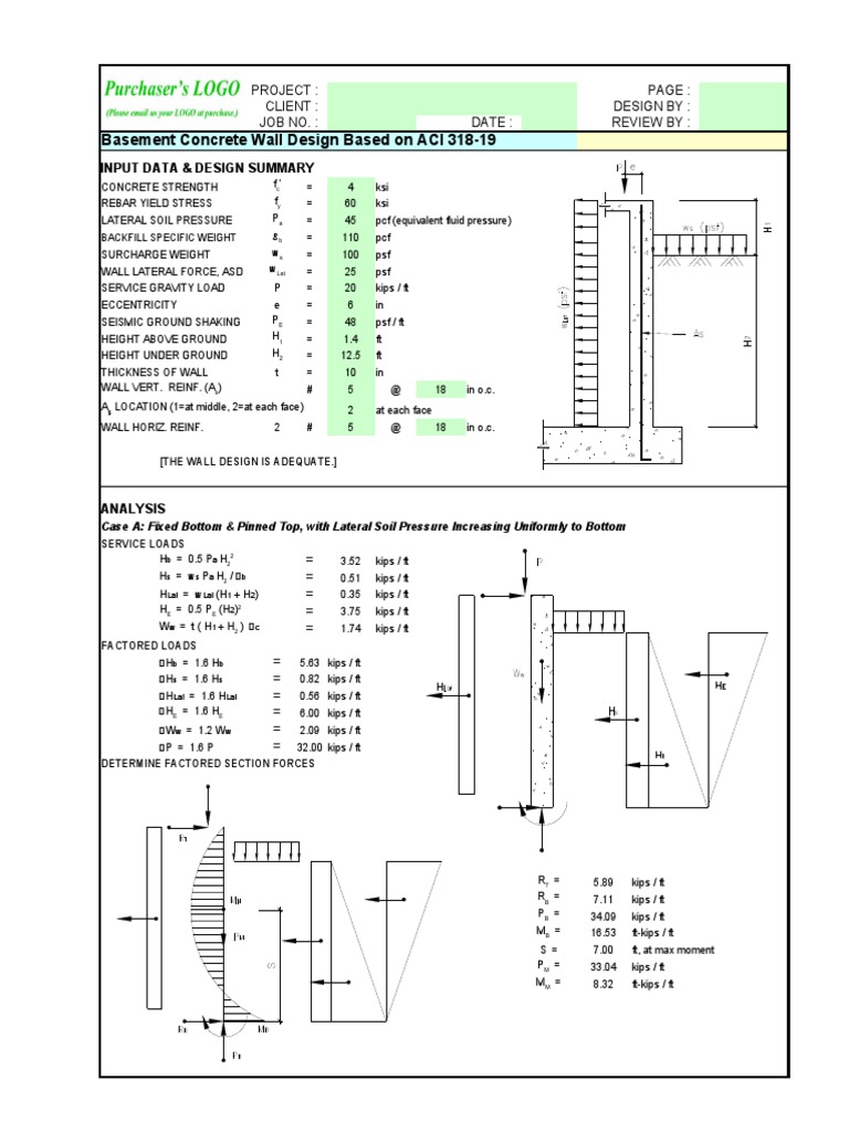 Basement Concrete Wall Design Based On ACI 318-19: Input Data & Design Summary | PDF | Mechanics ...