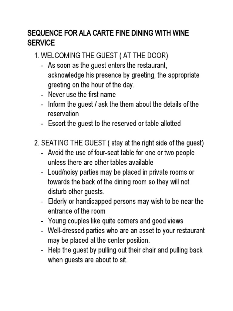 Sequence For Ala Carte Fine Dining With Wine Service | PDF | Tableware ...